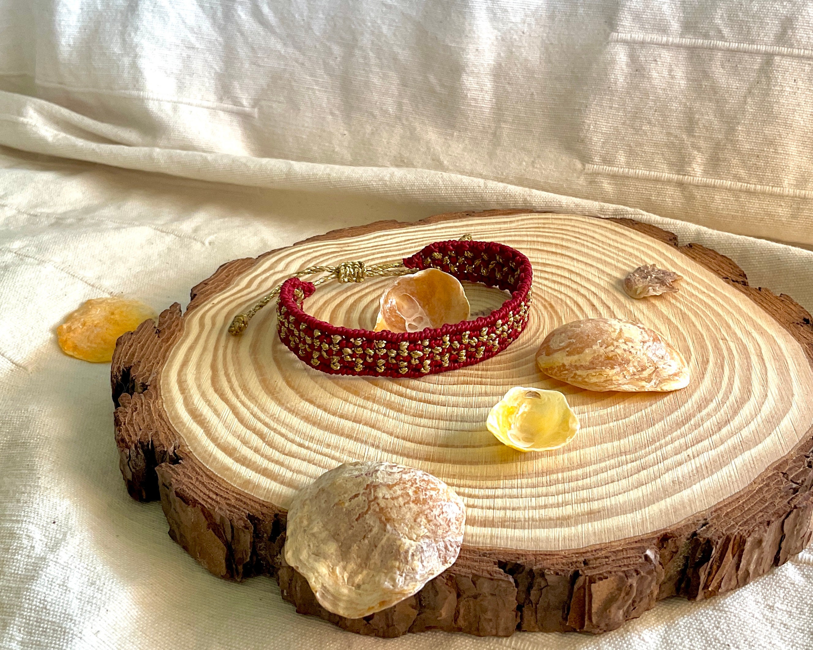 Red Unisex Macrame Bracelet With Gold Detailing, Handmade Waxed Thread ...