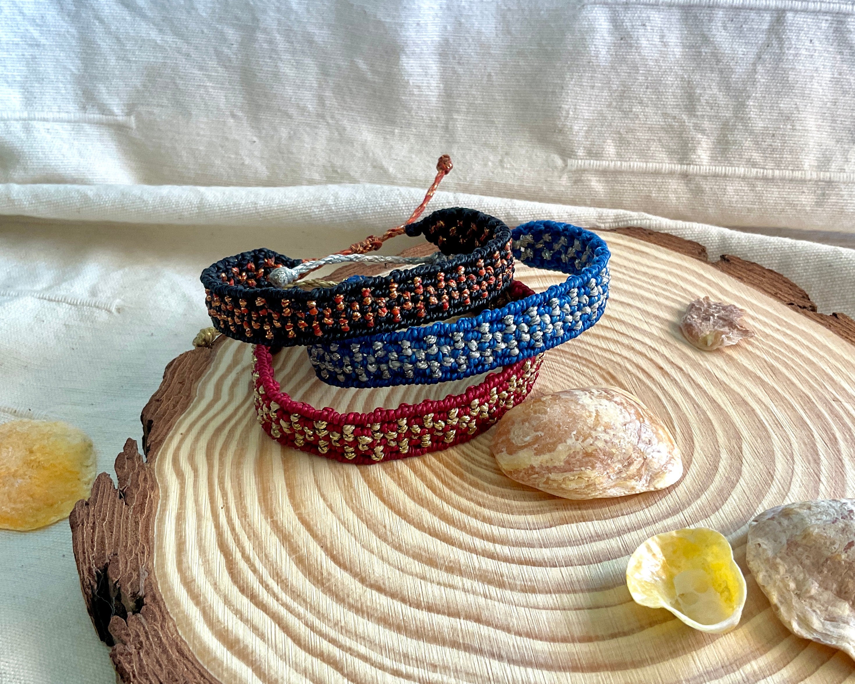 Red Unisex Macrame Bracelet With Gold Detailing, Handmade Waxed Thread ...