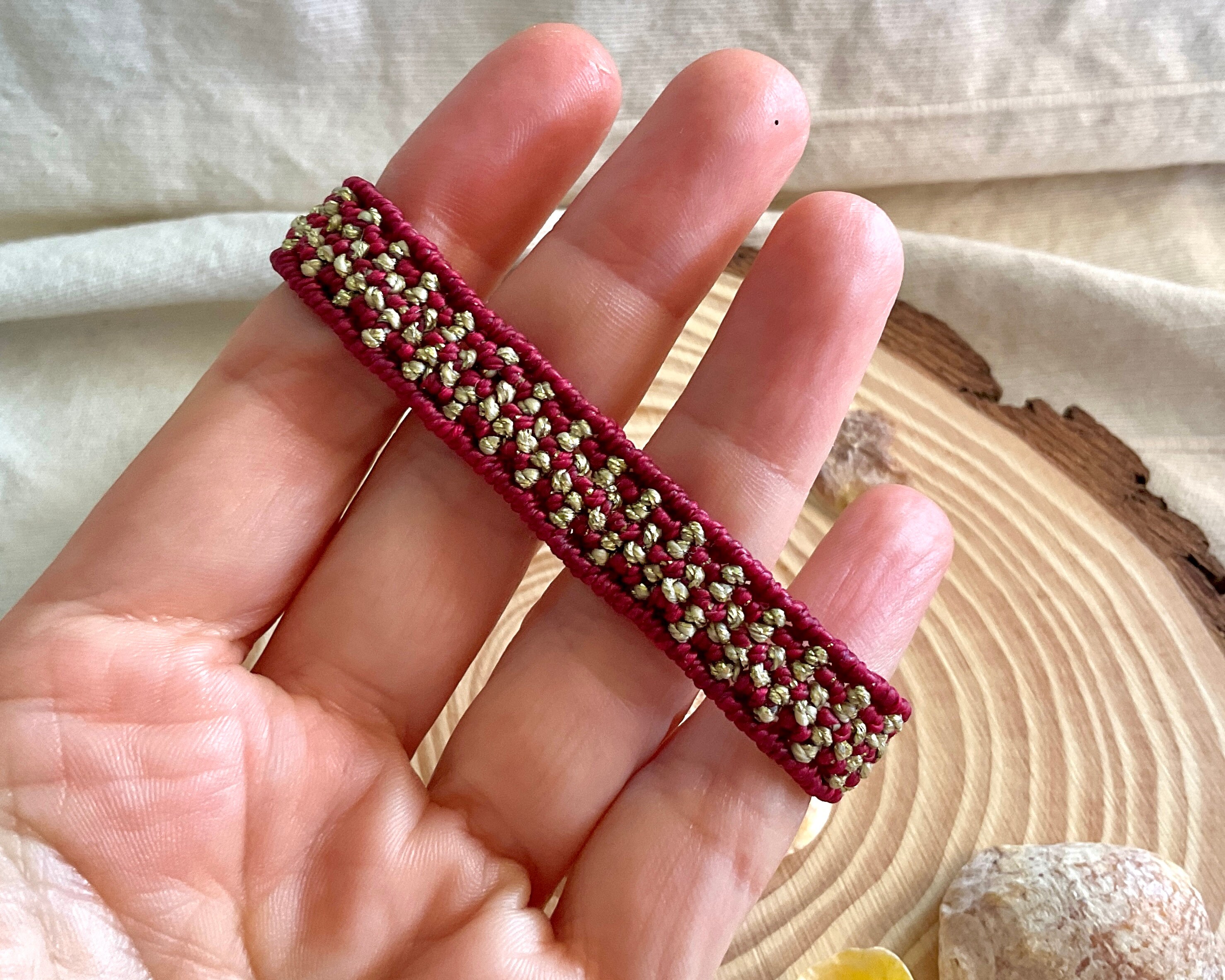 Red Unisex Macrame Bracelet With Gold Detailing, Handmade Waxed Thread ...