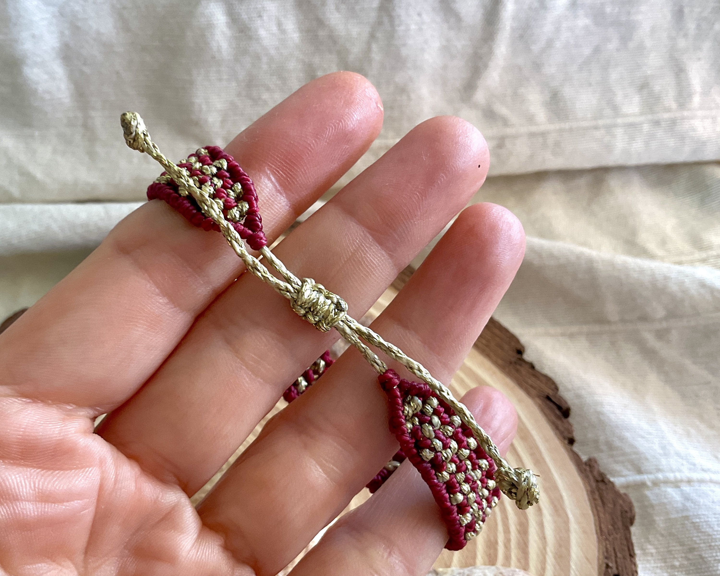 Red Unisex Macrame Bracelet With Gold Detailing, Handmade Waxed Thread ...