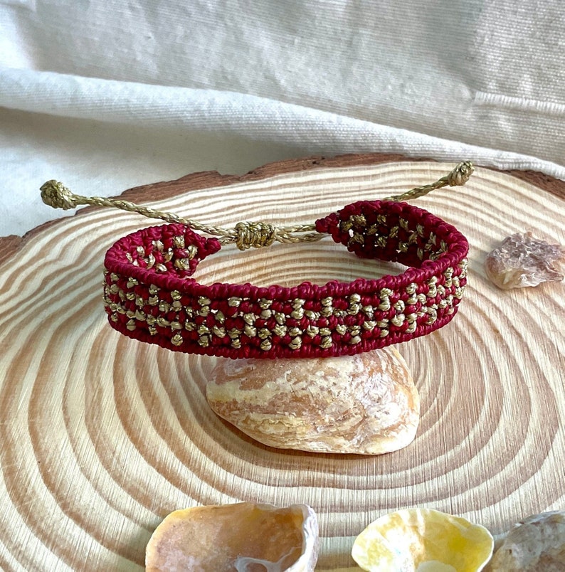 Red Unisex Macrame Bracelet With Gold Detailing, Handmade Waxed Thread ...