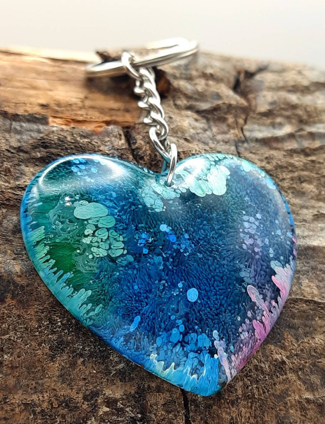 Handmade Resin Art Keychain, Keyring for Keys, Blue, Chains, Heart ...