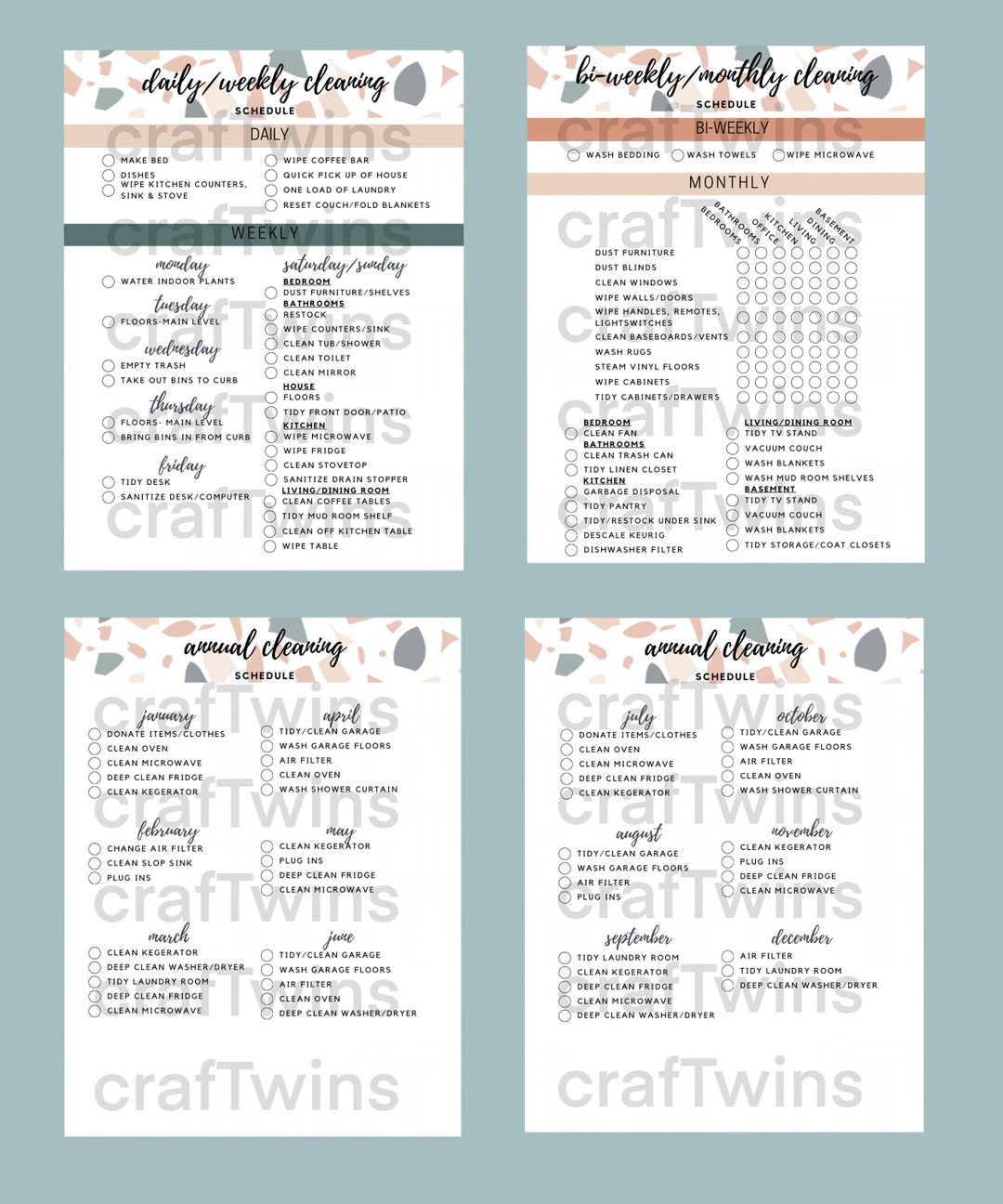 Cleaning Checklist Bundle - Daily, Weekly, Monthly, Yearly - 4 Page PDF ...