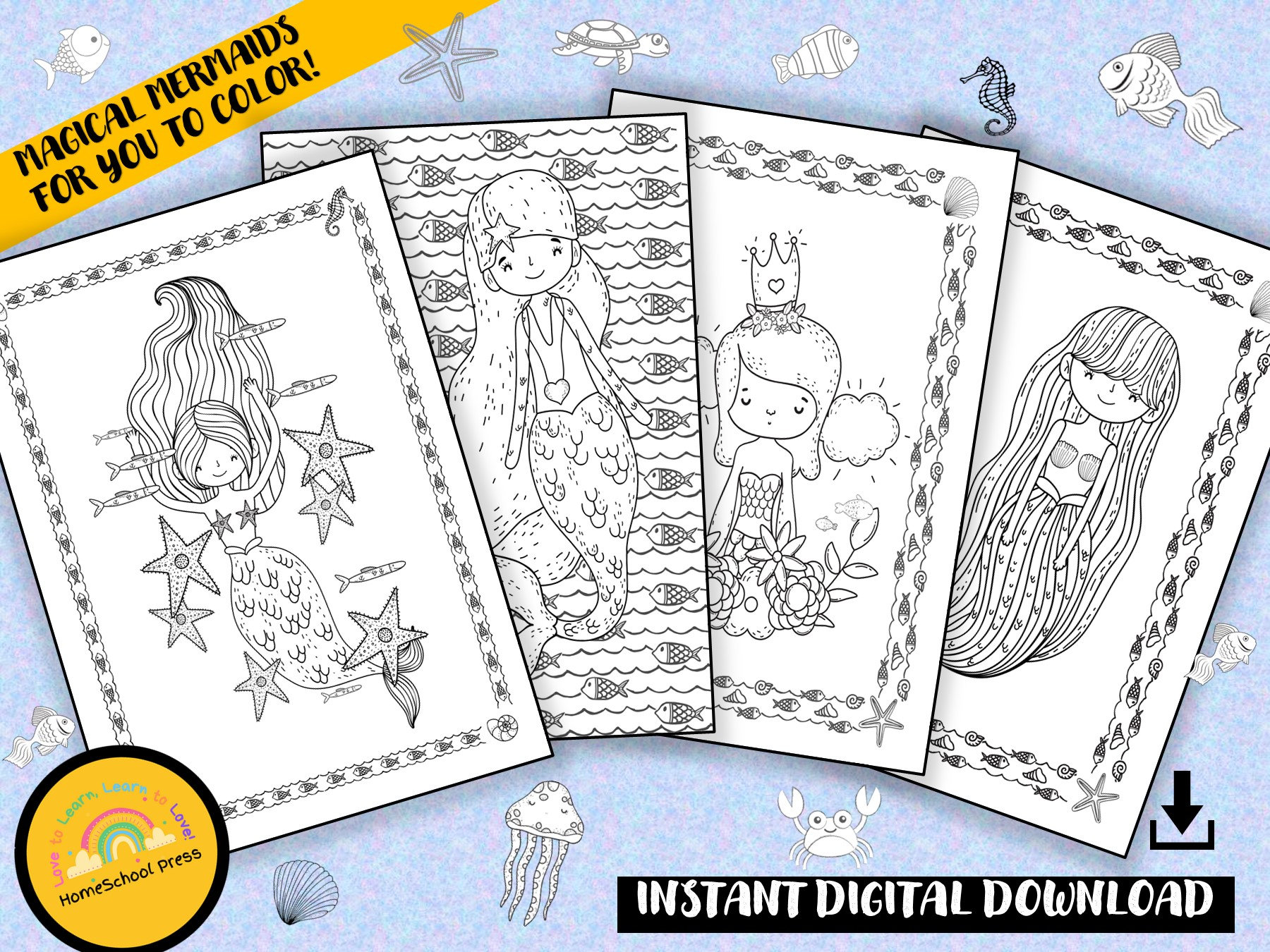 Printable Mermaid Coloring Pages 30 Cute Mermaid Coloring - Etsy