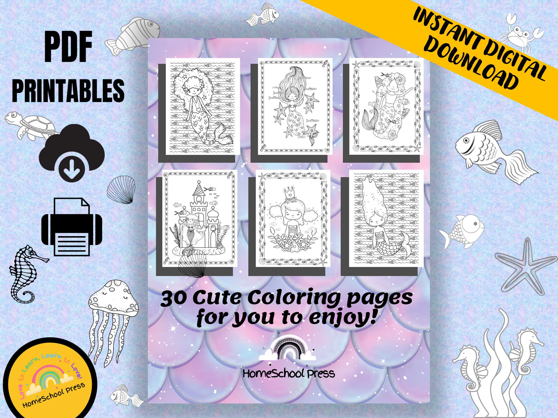 Printable Mermaid Coloring Pages, 30 Cute Mermaid Coloring Sheets for ...