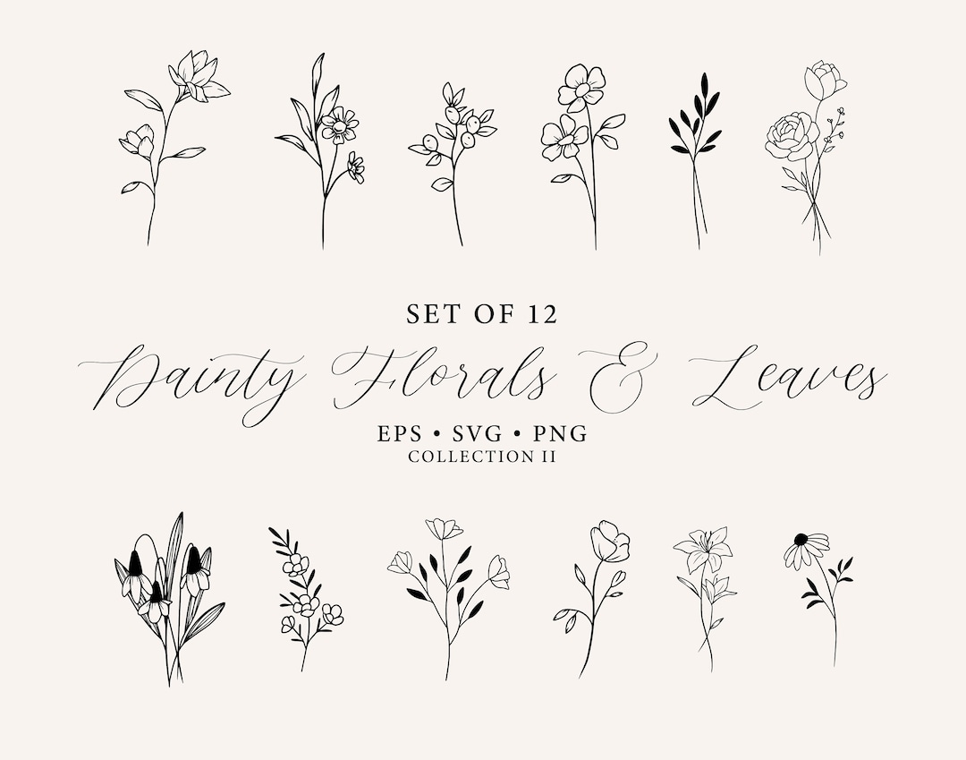 Set of 12 Dainty Floral Svg, Dainty Leaf Svg, Minimalist Flower Svg ...