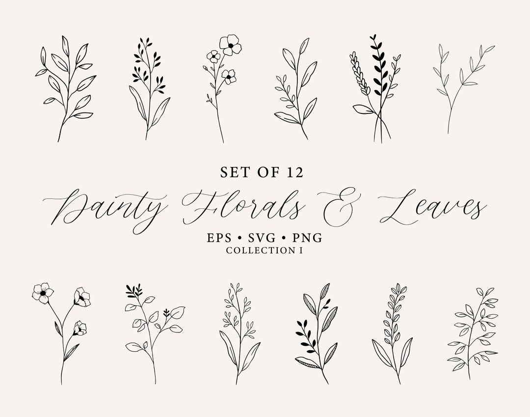 Set of 12 Dainty Floral Svg, Dainty Leaf Svg, Minimalist Flower Svg ...