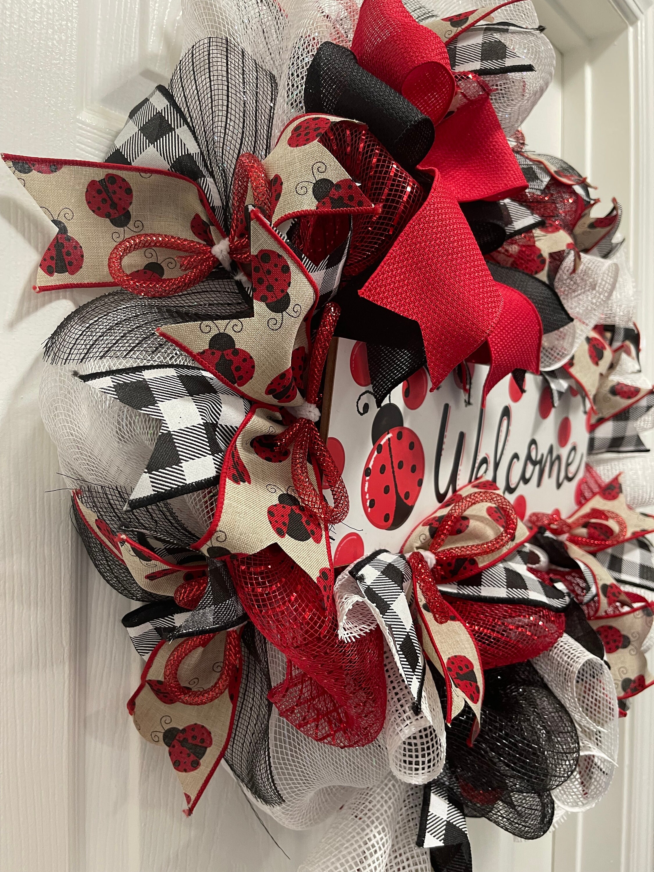 Lady Bug Wreath, Wreath, Welcome Wreath, Black Red and White Wreath ...