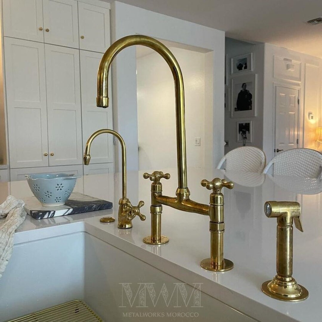 Unlacquered Brass Rustic Bridge Faucet With Gooseneck Spout - Kitchen ...