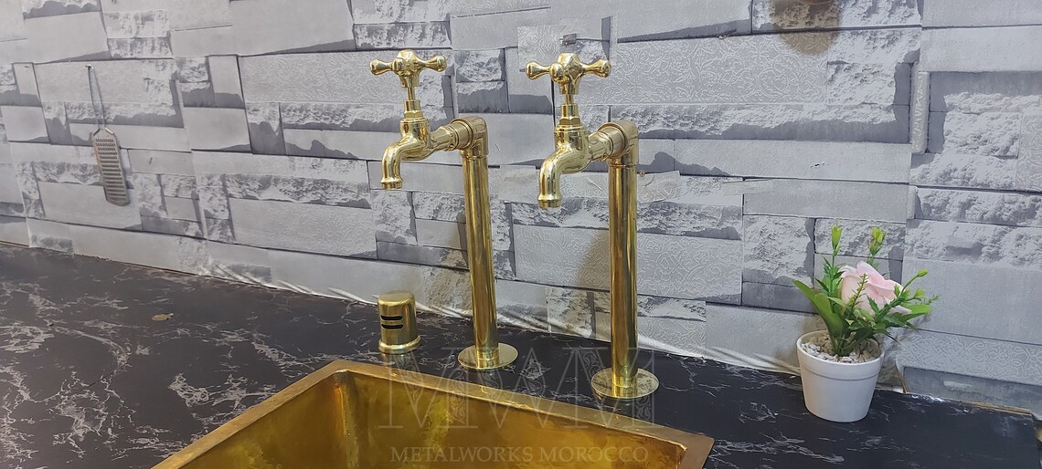 Rustic Brass Kitchen Bib Taps - Counter Mount Pillar Taps - Etsy