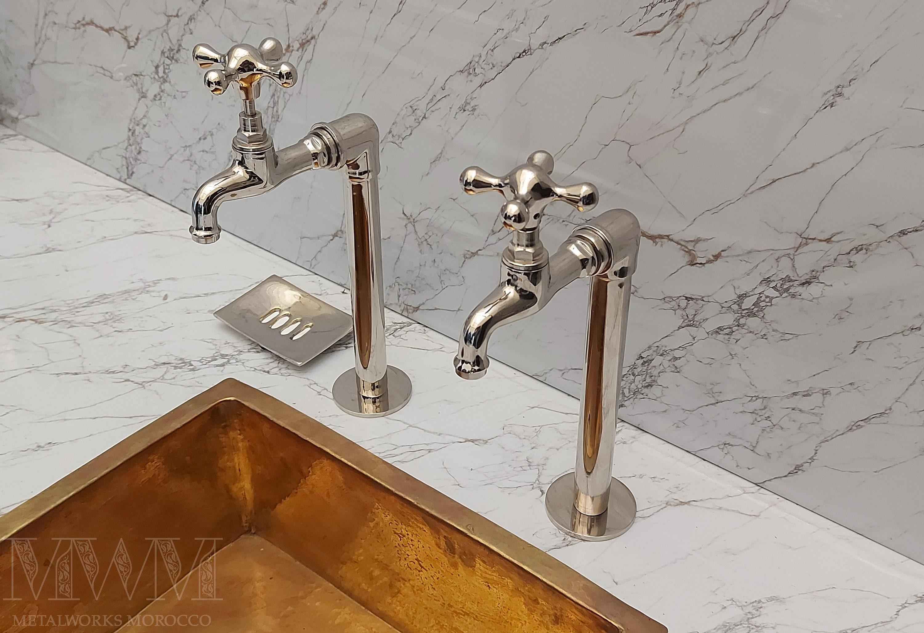 Chrome Silver Kitchen Bib Taps Counter Mount - Handmade Pillar Taps - Etsy