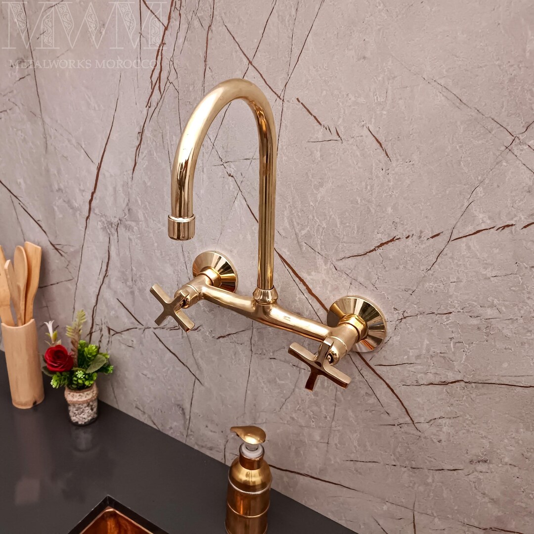 Unlacquered Brass Gooseneck Kitchen Faucet Wall Mounted - Etsy