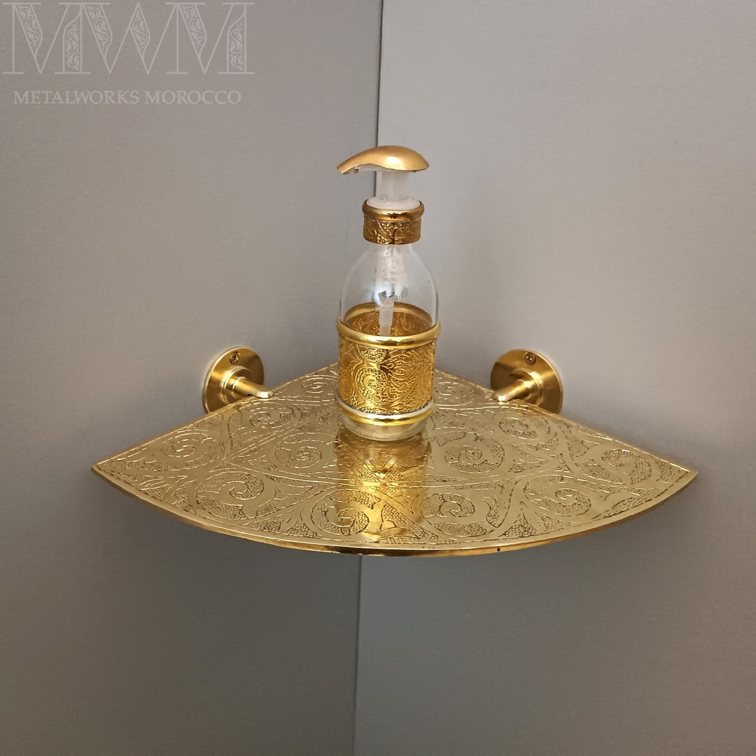 Unlacquered Brass Corner Shelf - Handmade Etched Wall Mounted Corner ...