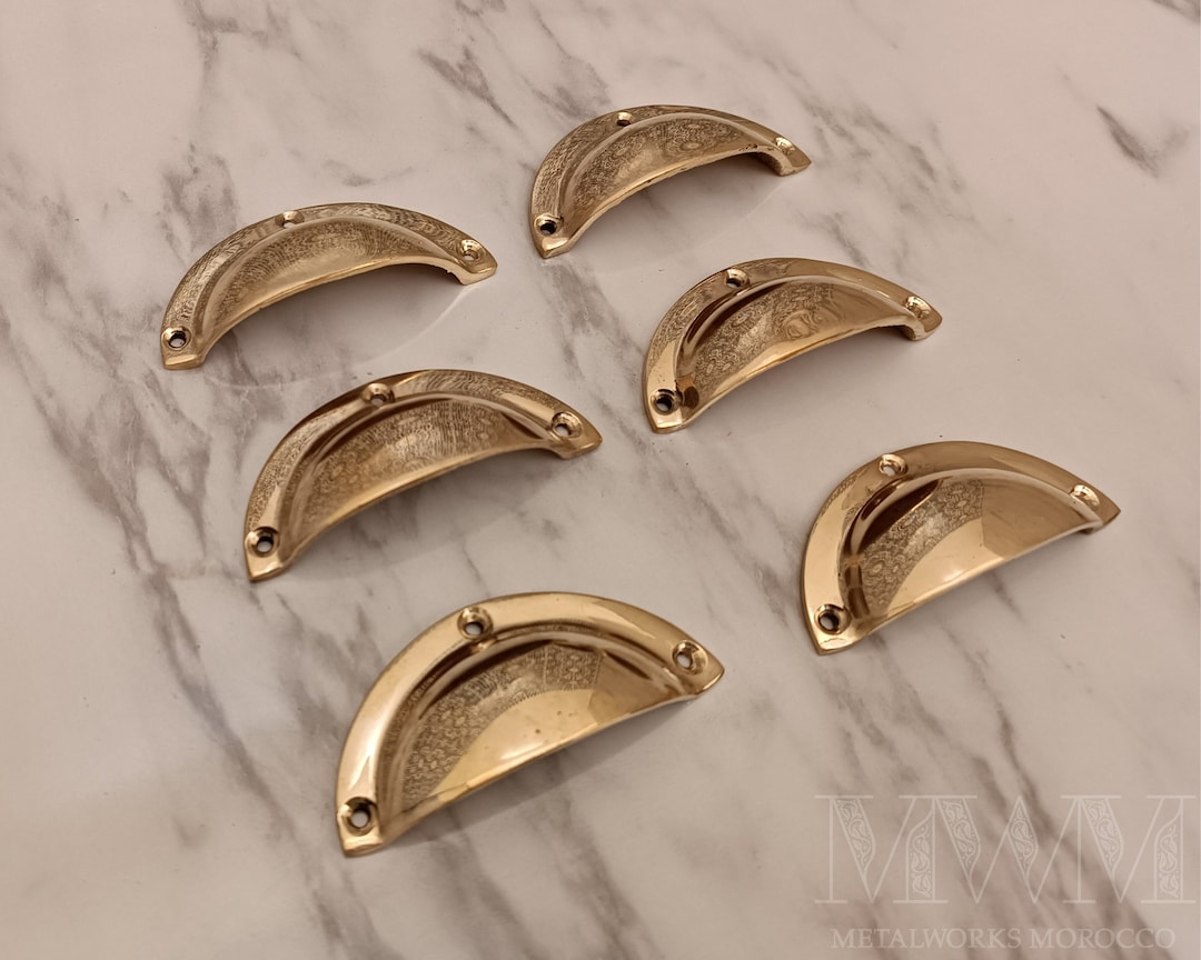 Set of Unlacquered Brass Cabinet Pulls – Handmade Drawer Cup Pulls for ...