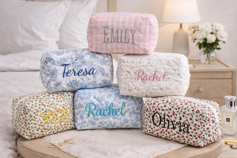 Personalized Embroidered Makeup Bag, Custom Floral Cosmetic Bag, Travel ...
