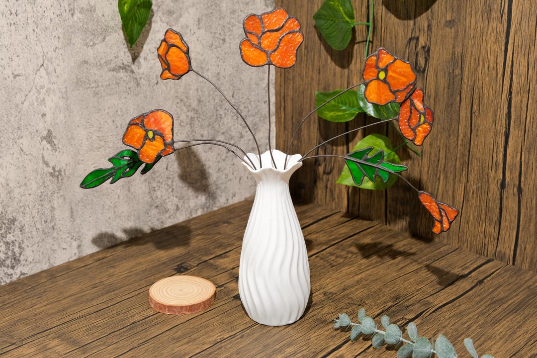 California Poppy;stained Glass Flowers; Set of 7 - Orange Flower Decor ...