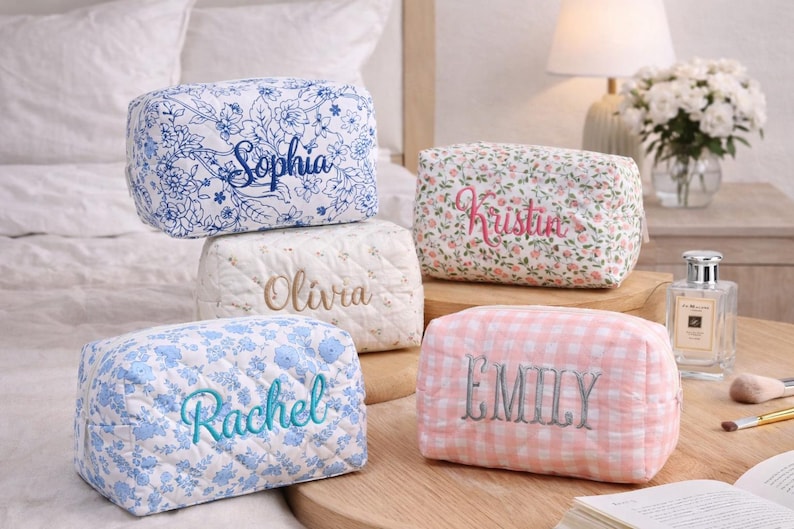 Personalized Embroidered Makeup Bag, Custom Floral Cosmetic Bag, Travel ...