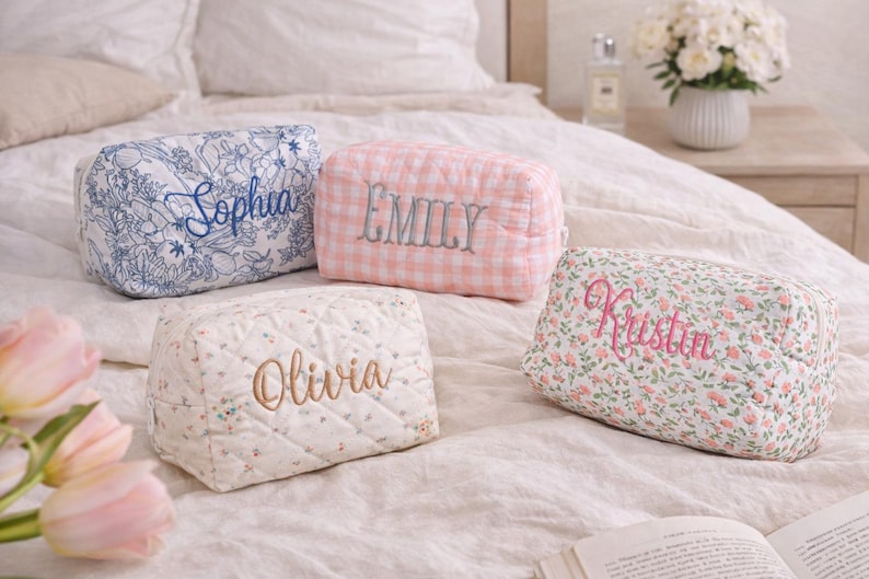 Personalized Embroidered Makeup Bag, Custom Floral Cosmetic Bag, Travel ...