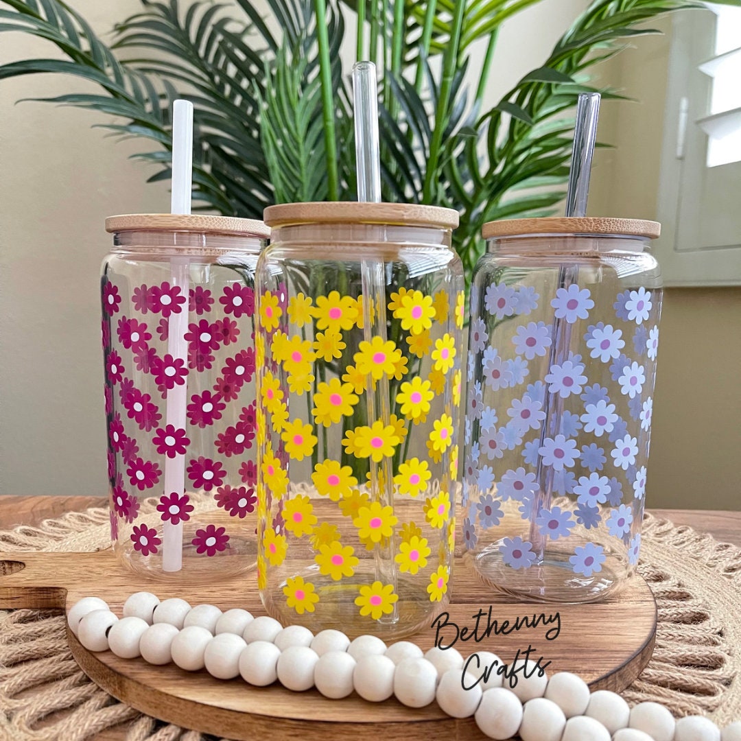 Spring Daisy Cup, 16 Oz Can Glass Cup, Spring Flower Can Glass Cup ...
