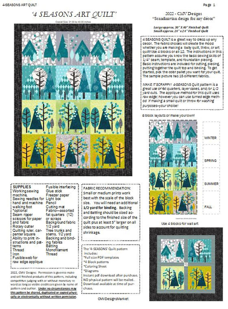 4 Seasons Art Quilt Pattern, Applique, 2 Sizes Included - Etsy Canada