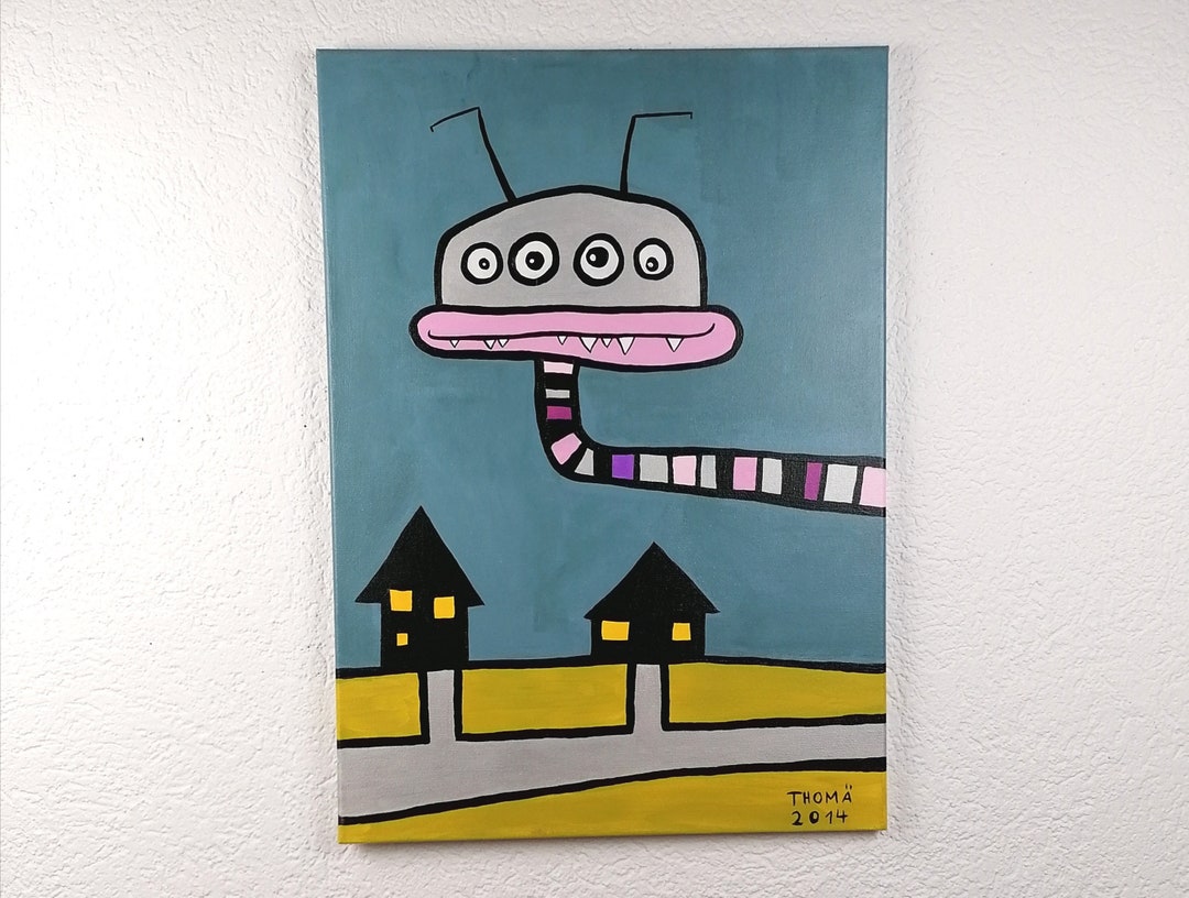 Handmade Acrylic Painting / Alien Visiting / Child-oriented Canvas Art ...