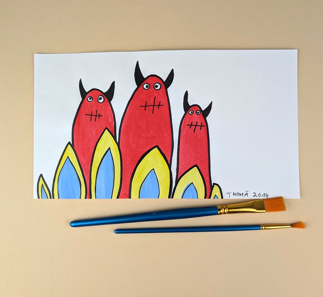 Handmade Picture / Three Devils / Painting With Acrylic Colours on ...
