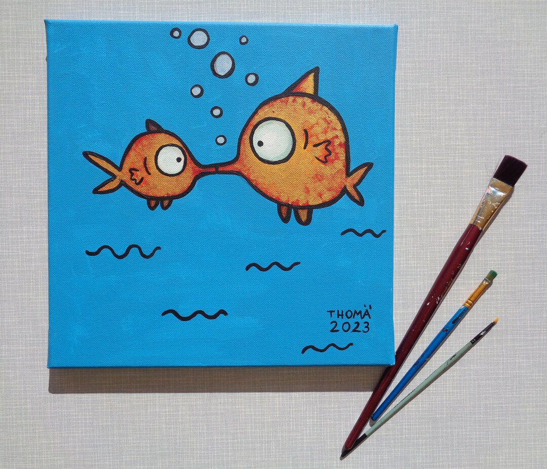Handmade Acrylic Painting / Kissing Fish / Child-oriented Canvas Art ...