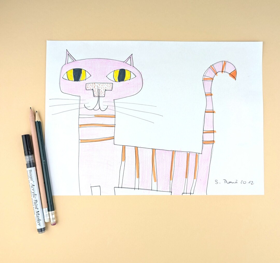 Handmade Picture / Pink Tiger Cat / Funny Painting With Pencils and ...