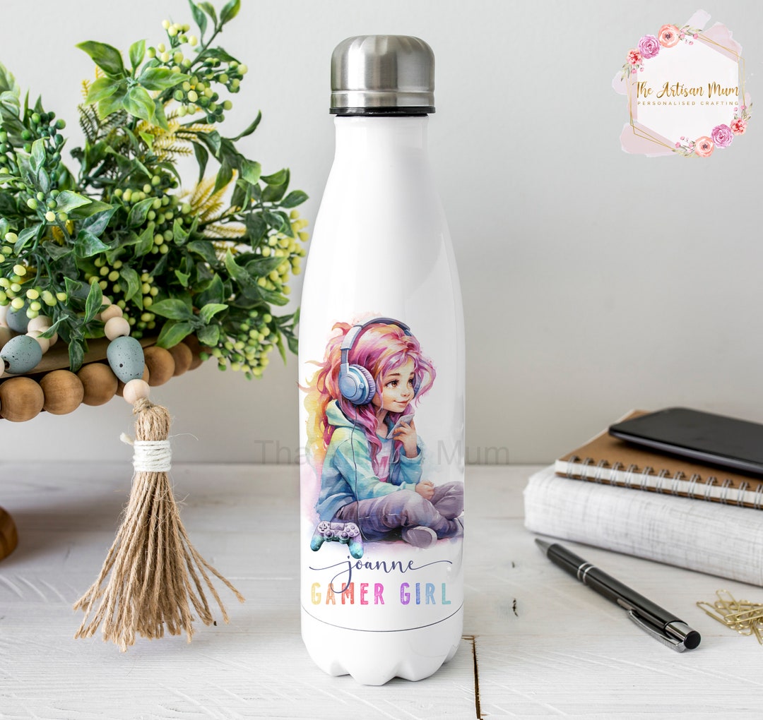 Personalised Insulated Gamer Water Bottle, 500ml Stainless Steel Flask ...