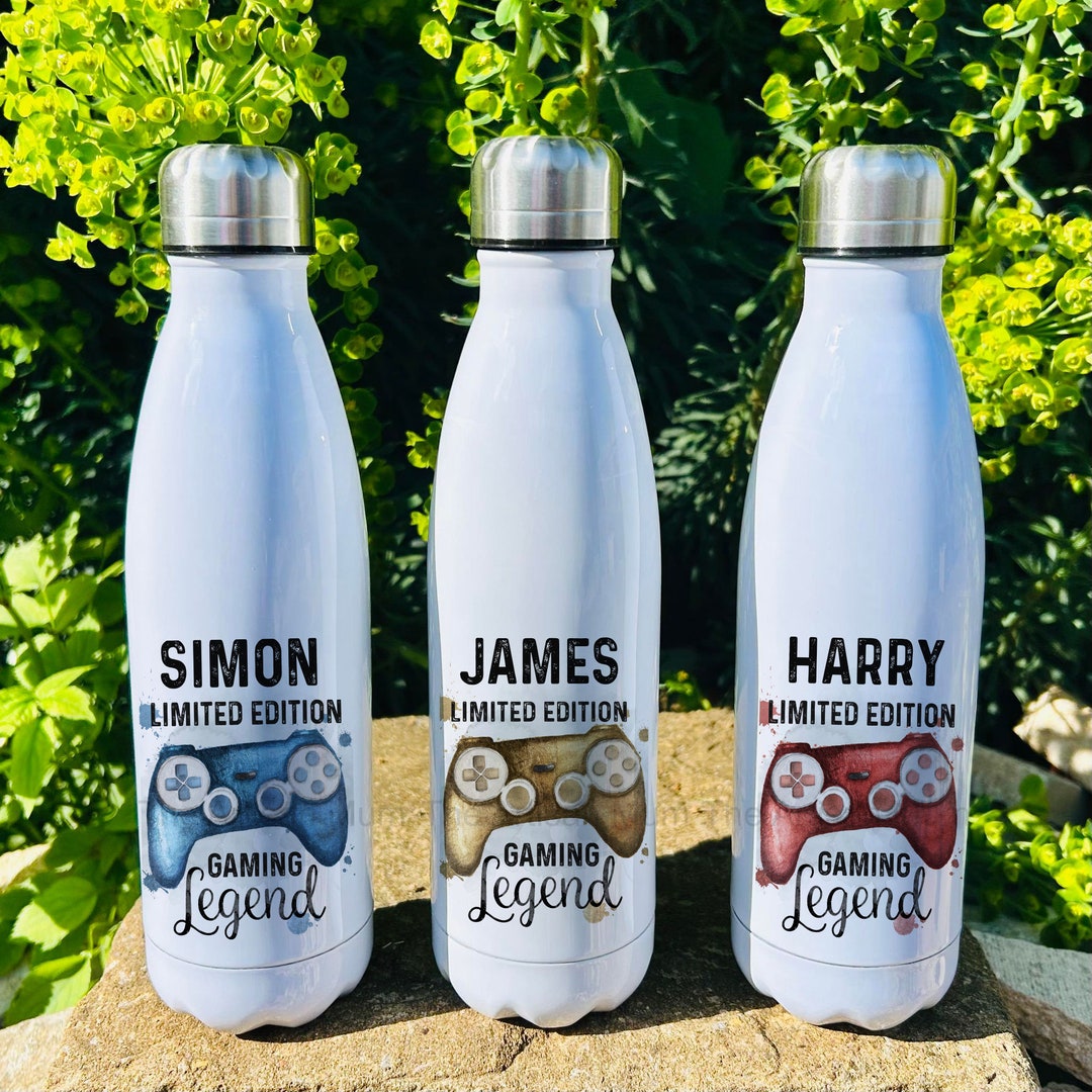 Personalised Insulated Gamer Water Bottle, 500ml Stainless Steel Flask ...