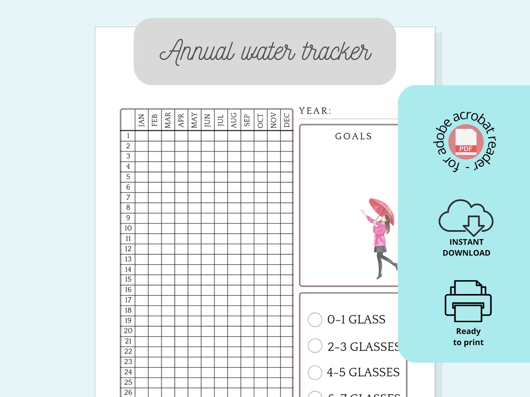 Annual Hydration Goal Tracking Woman With Umbrella Under Raindrop ...