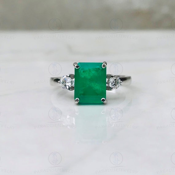 Green Emerald Ring Three Stone Ring Solid Gold Ring Accent | Etsy