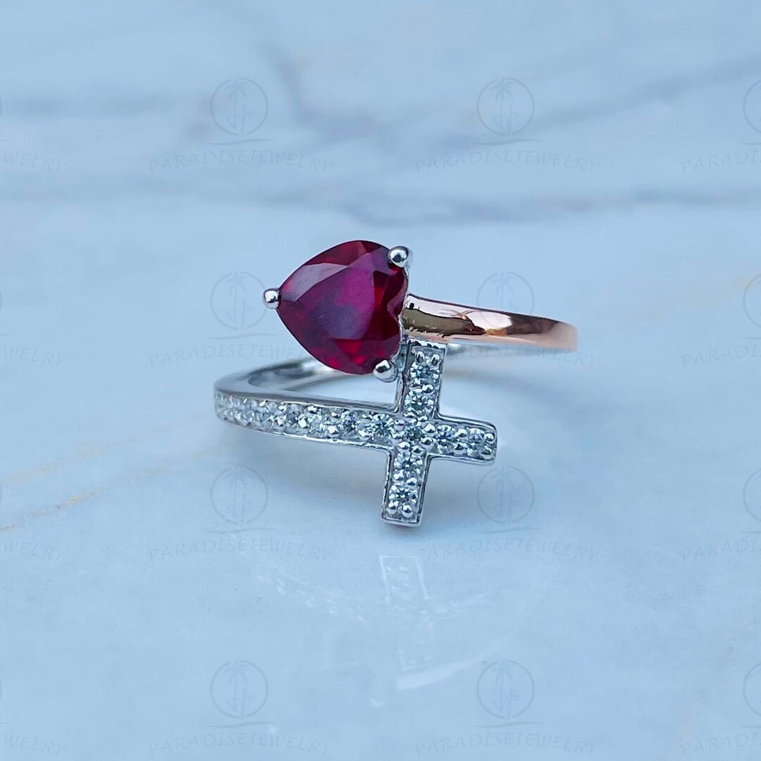 Heart Cross Ruby Heart Cut Diamond Two Tone Rhodium Plated Sterling ...