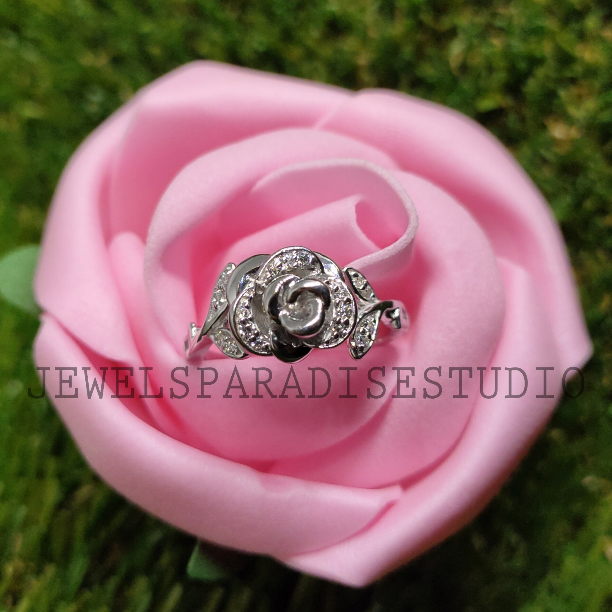 1/8CT White Round Cut Stone Rose Flower Ring Women's | Etsy