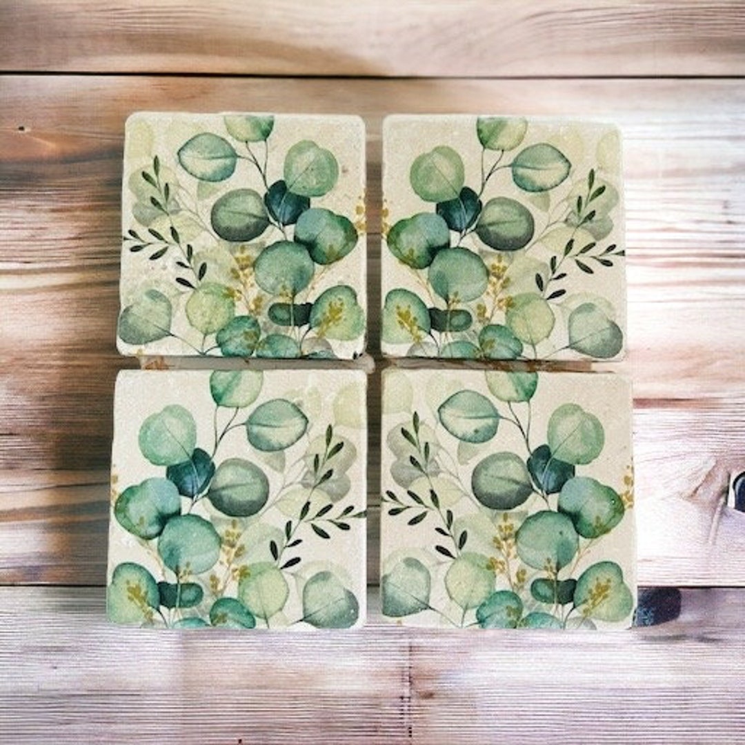 Set of 4 Eucalyptus Themed Natural Stone Coasters, Green Leaves Coaster ...