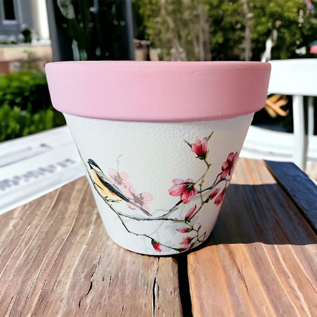 Pink Cherry Blossom Bird Terracotta Plant Pot, Pretty Pink Flower Pot ...