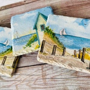 Set of 4 Natural Slate Beach Coasters, Seaside Decor, Nautical Coasters ...