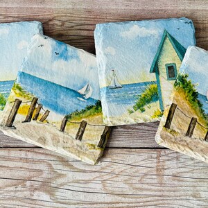 Set of 4 Natural Slate Beach Coasters, Seaside Decor, Nautical Coasters ...