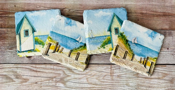 Set of 4 Natural Slate Beach Coasters Seaside Decor Nautical - Etsy UK