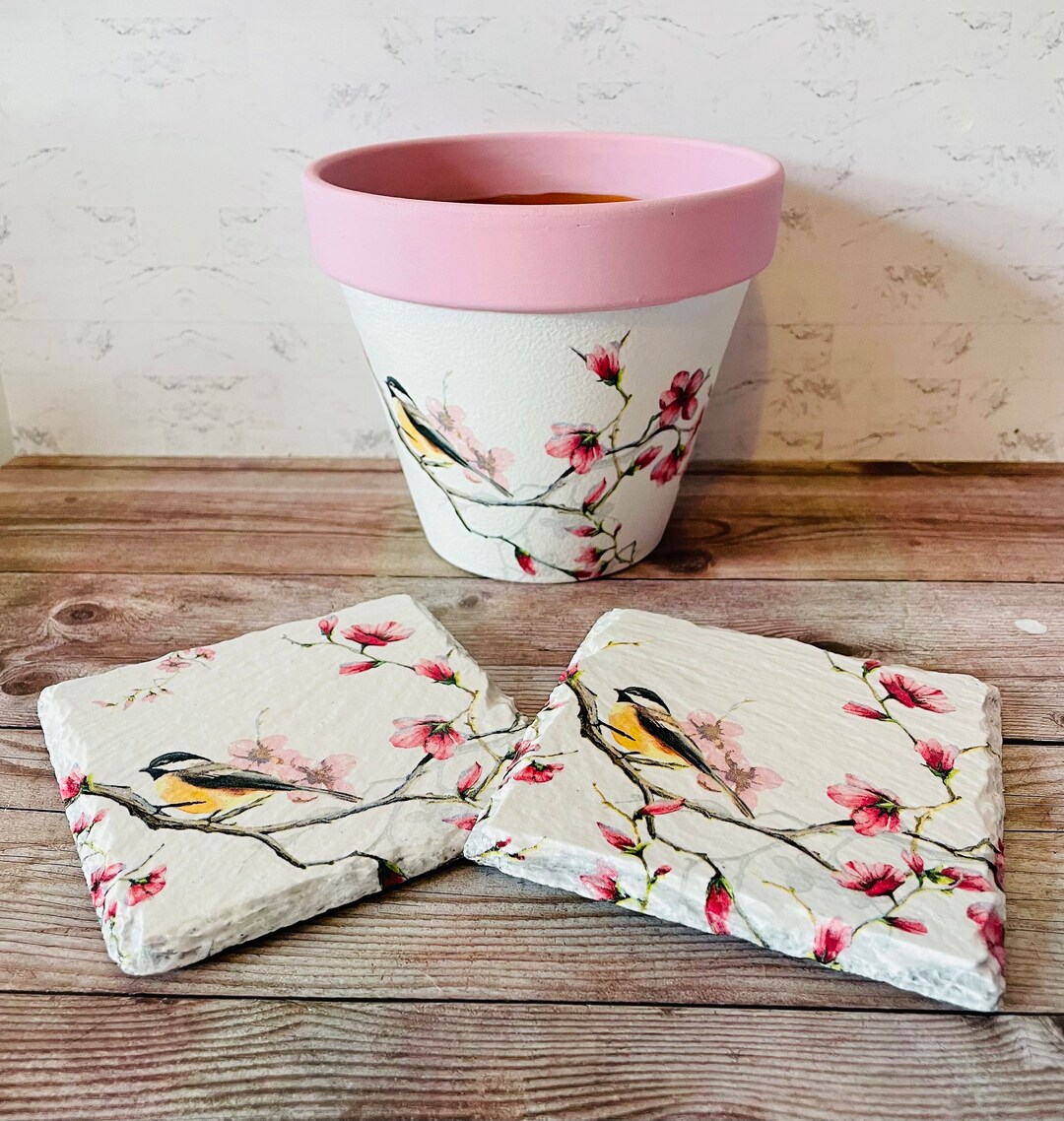 Vintage Bird Flower Pot, Floral Bird Coasters, Floral Bird Plant Pot ...