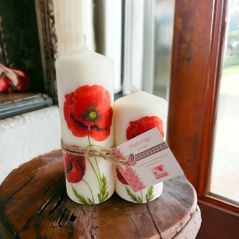 Set of 2 Poppy Tall Pillar Candles, Poppy Themed Candle Gift Set ...