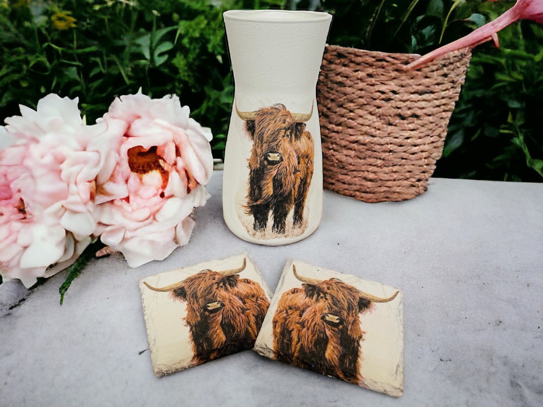 Highland Cow Vase & Highland Cow Coasters, Handmade, Highland Cows, Cow ...