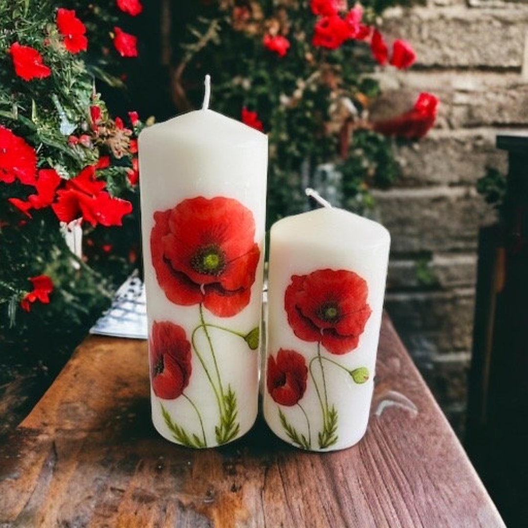 Set of 2 Poppy Tall Pillar Candles, Poppy Themed Candle Gift Set ...