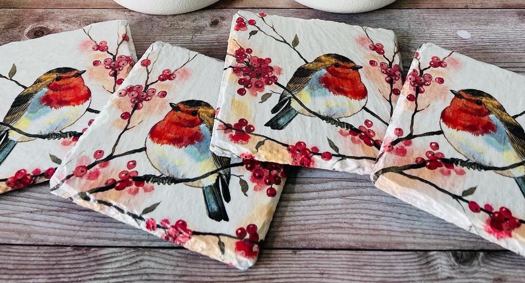 Set of 4 Robin Coasters, Christmas Coasters, Robin Gifts, Robin ...