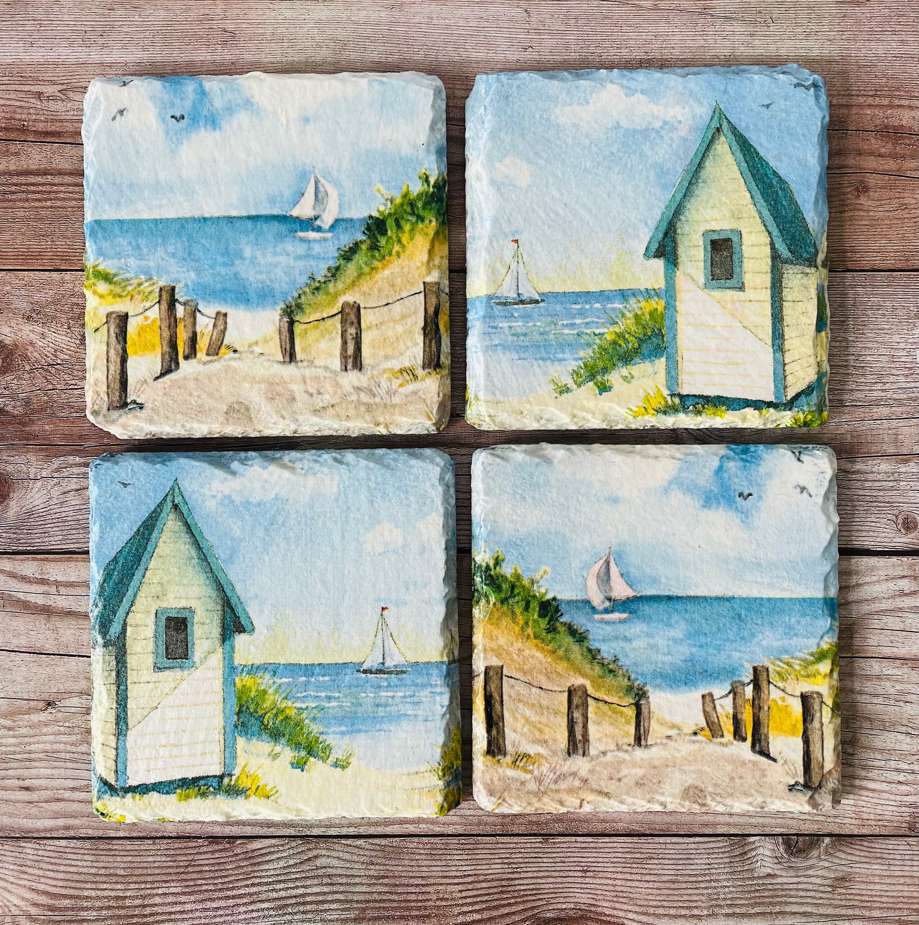 Set of 4 Natural Slate Beach Coasters, Seaside Decor, Nautical Coasters ...