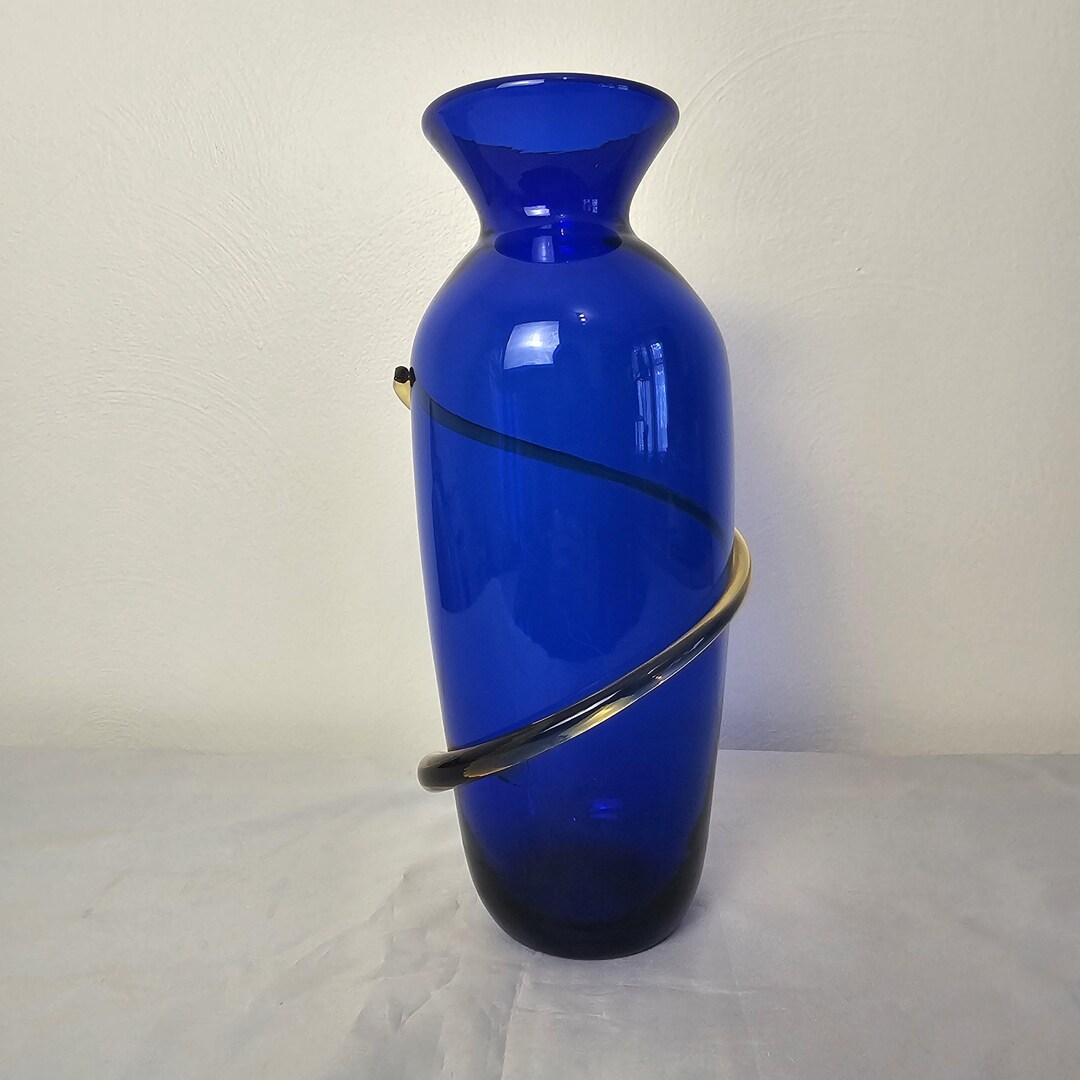 Blenko Glass Cobalt Blue & Topaz Vase 9907L 12" Tall Signed Richard ...