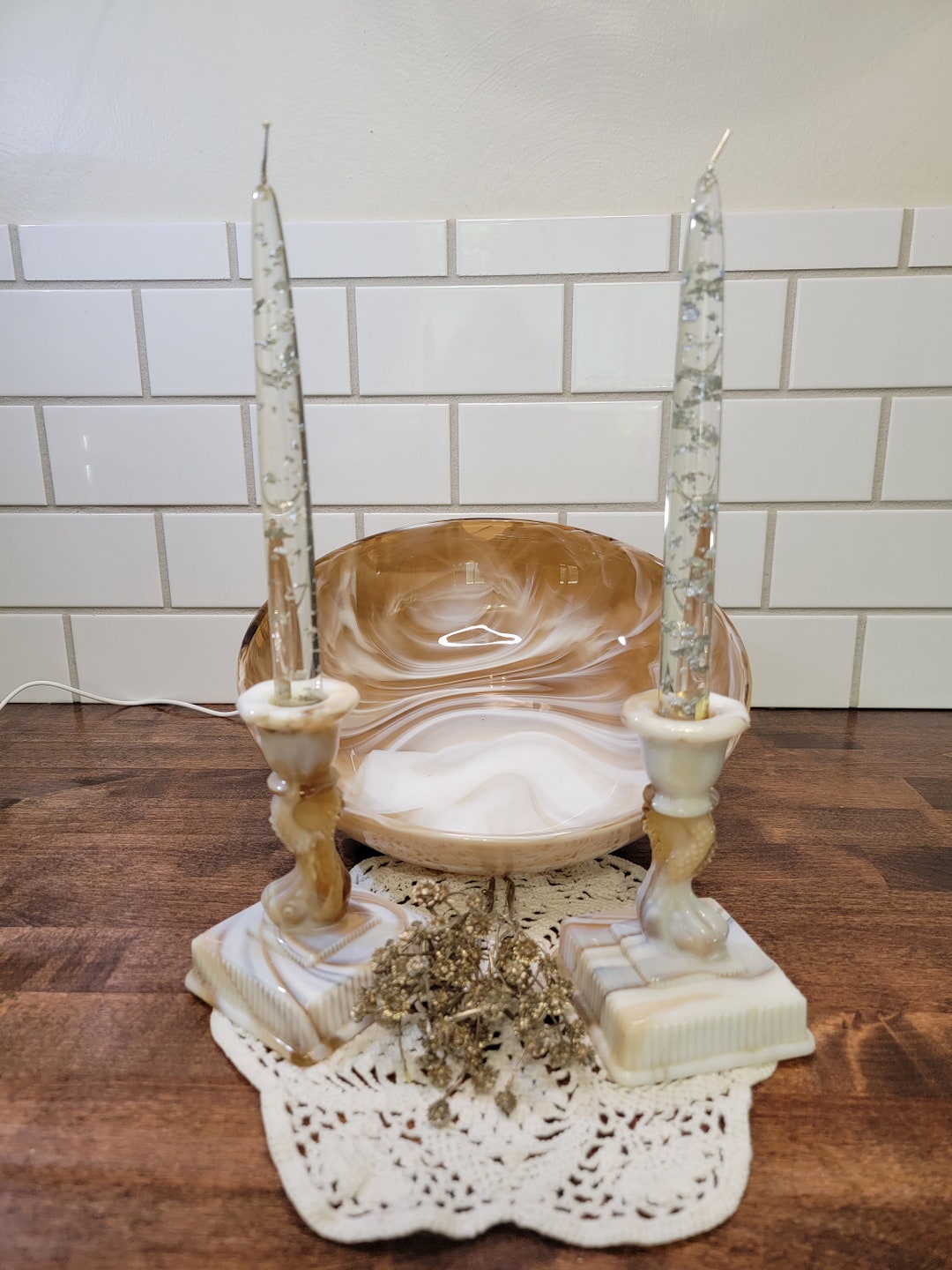 Imperial Glass Koi Fish Candlestick Holders and Large Slag Glass Bowl ...