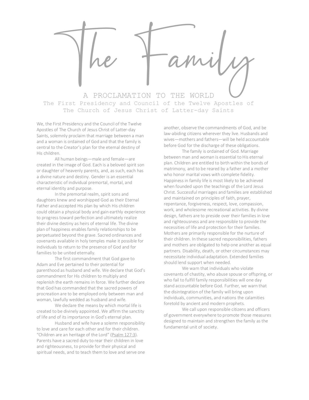 The Family Proclamation PRINTABLE PDF - Etsy