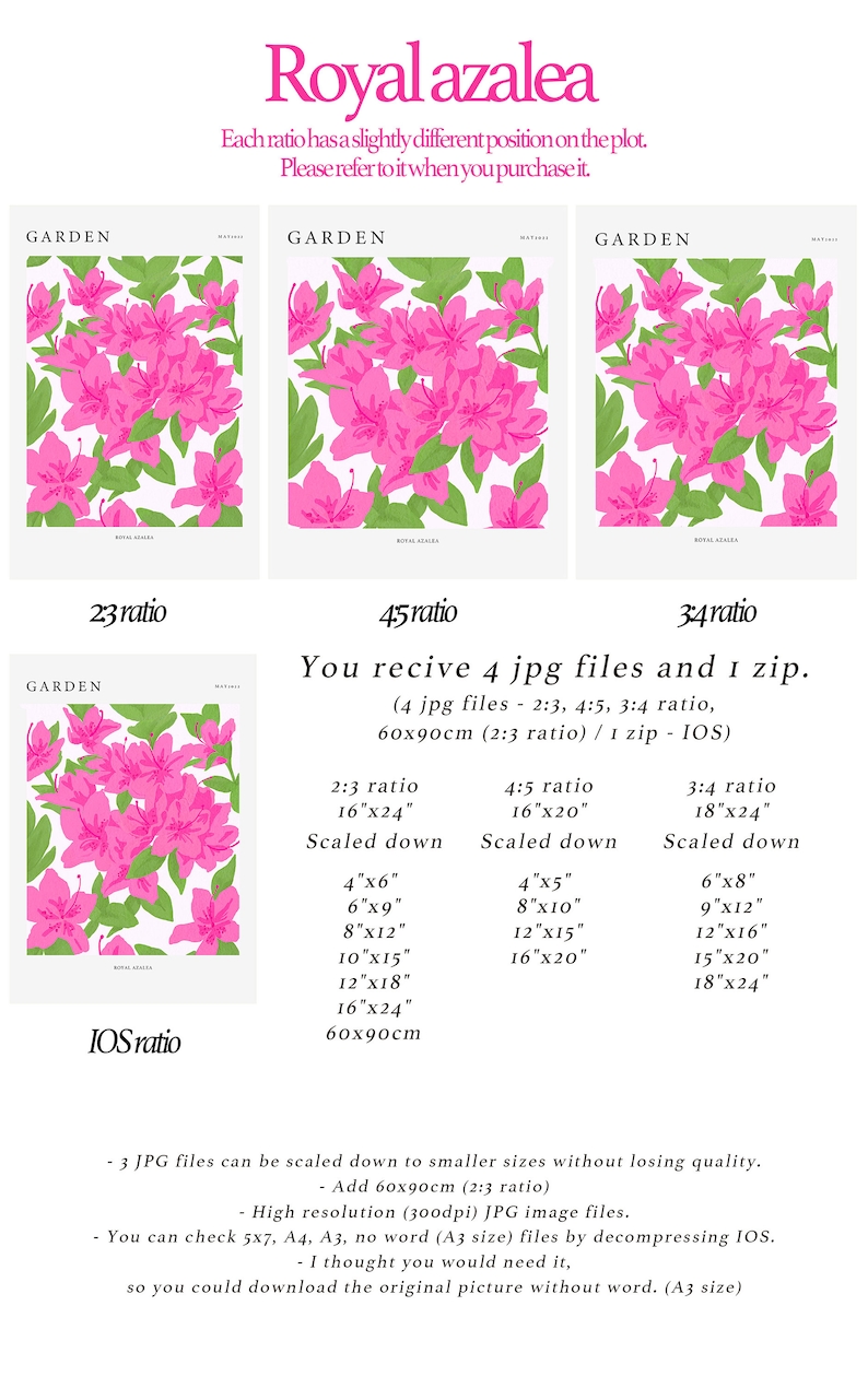 Large Royal Azalea Floral Printable Wall Art, Vintage Wall Art, Flower ...