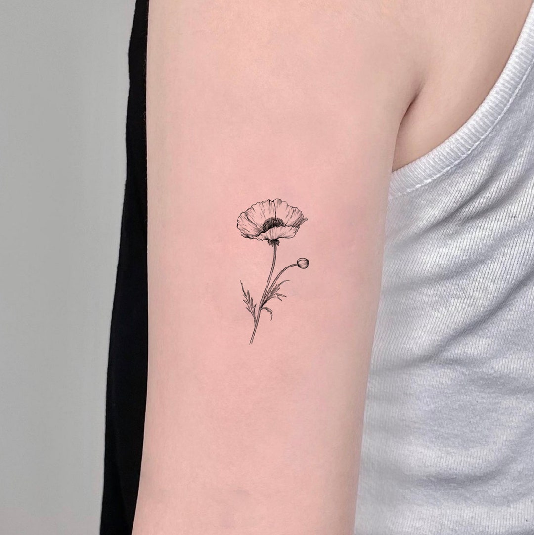 Little Fine Line Poppy Temporary Tattoo Fake Tattoo Flower - Etsy